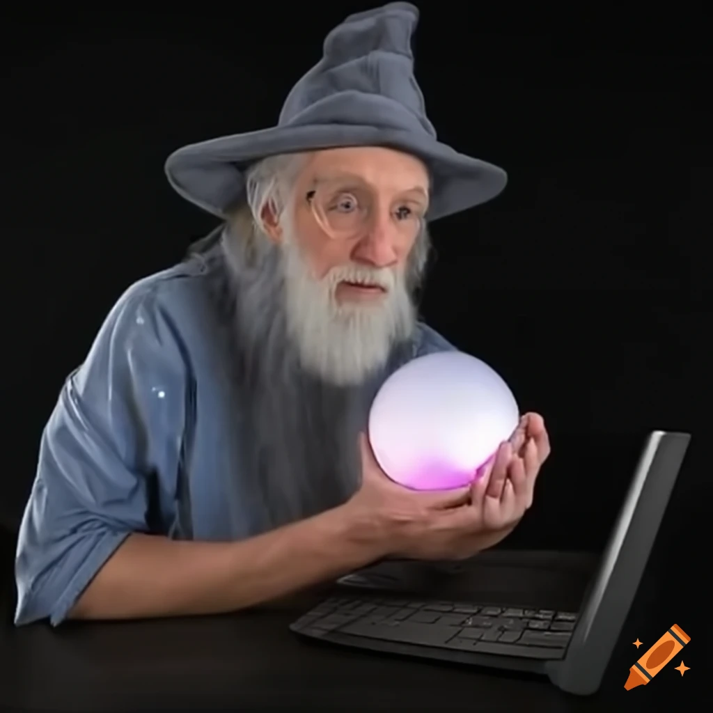 Wizard doing a magic ball on a computer