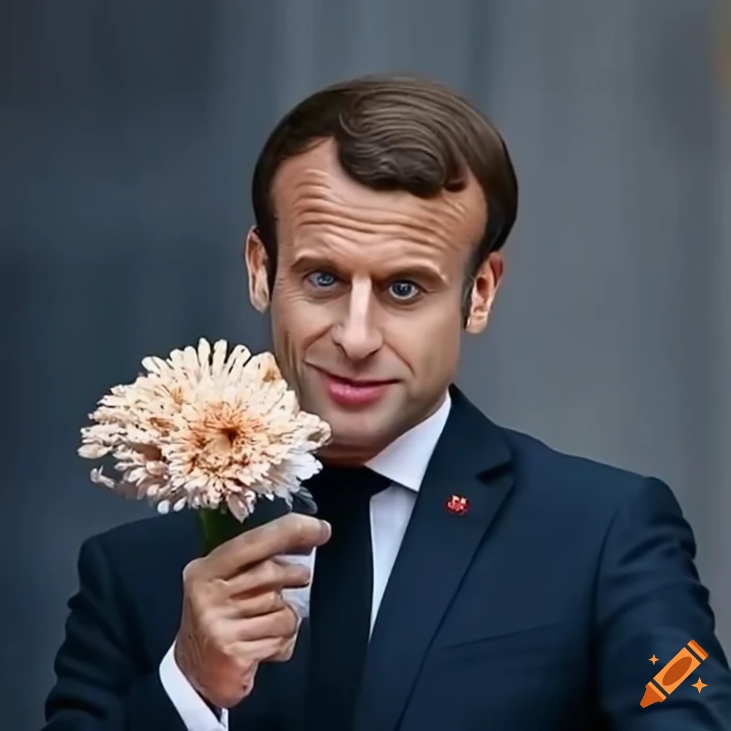 Emmanuel Macron offre un bouquet de fleurs et sur l'emballage du ...