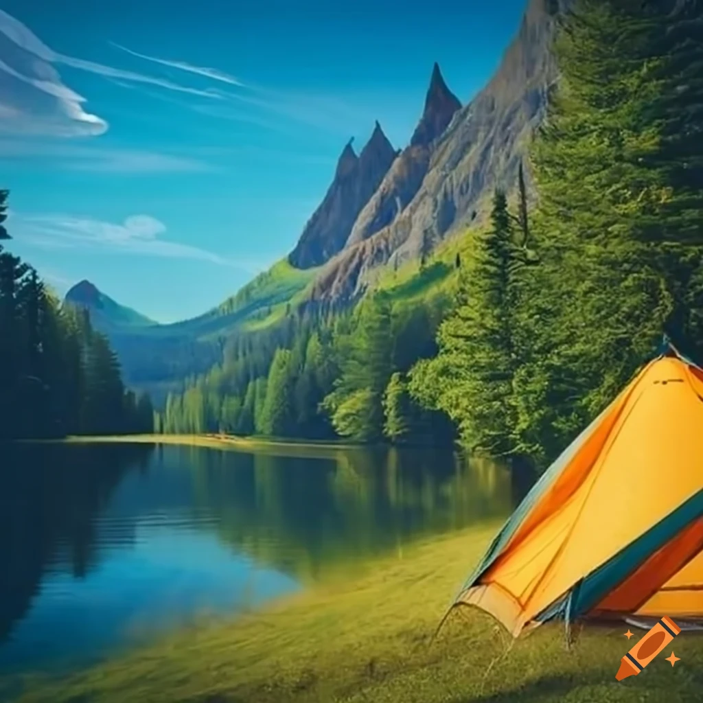 Peaceful mountain campsite surrounded by nature's beauty on Craiyon