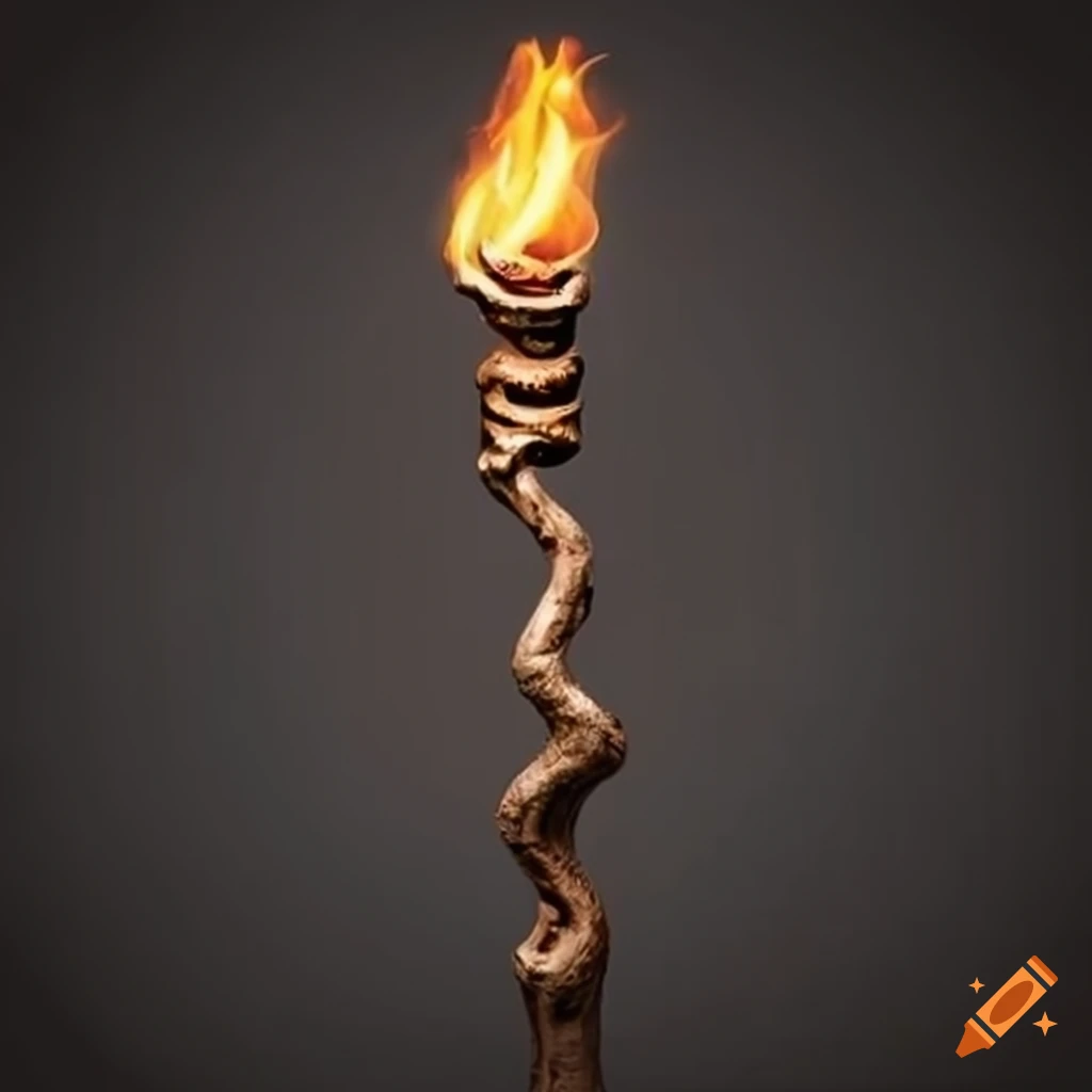 A magic staff of dark wood with fire words floating around it on Craiyon