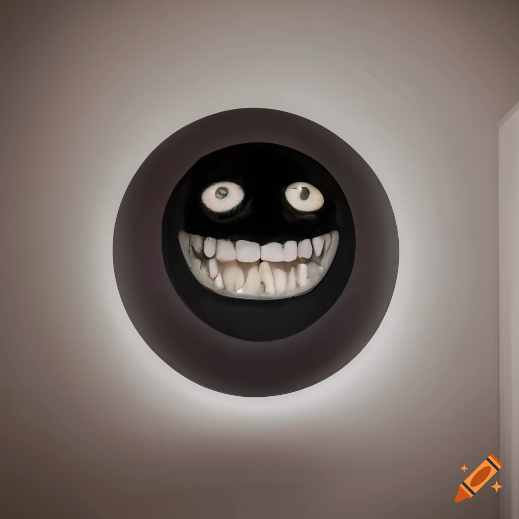 Giant floating round black and gray face with big black empty eyeholes ...