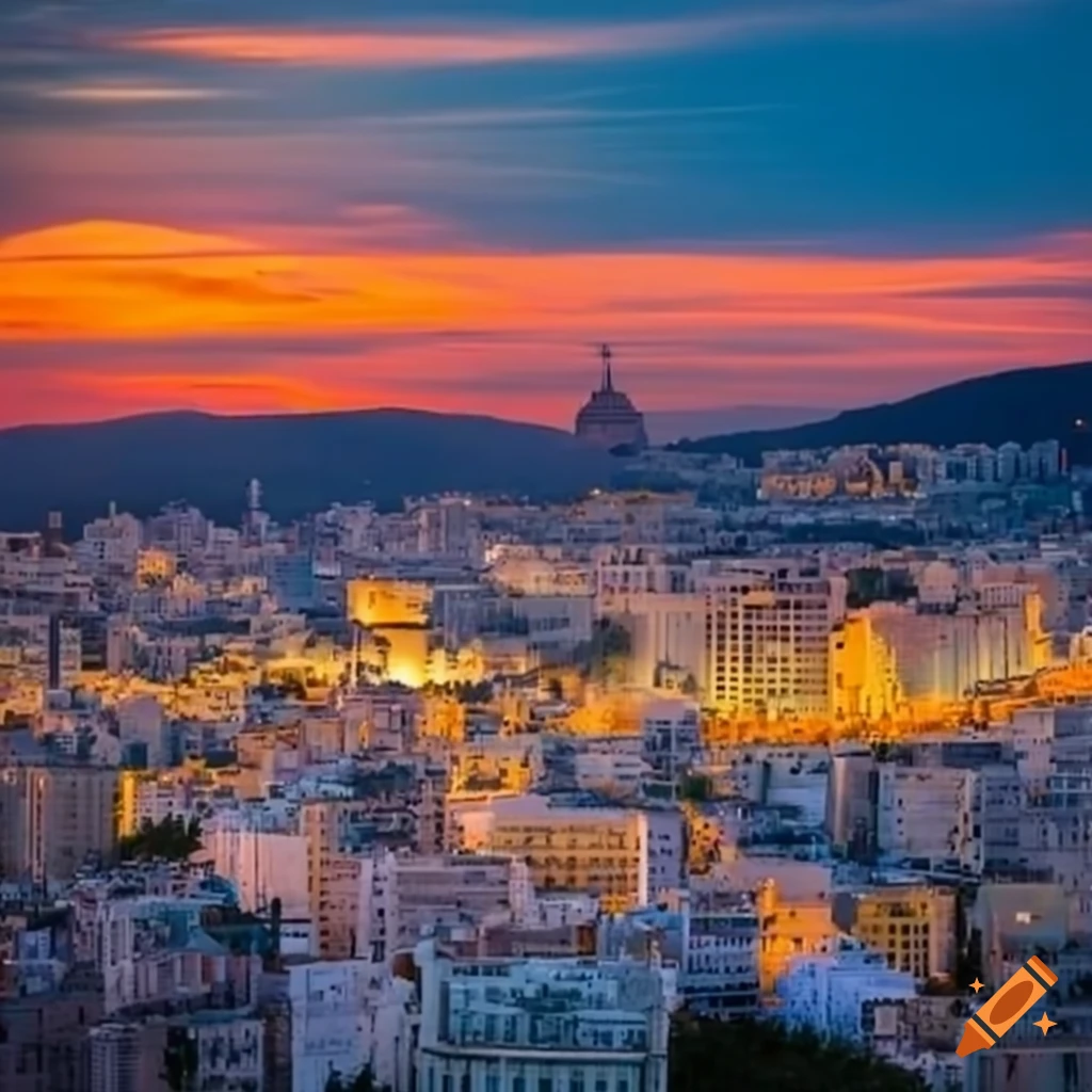 Athens skyline spectacular glowing sunset sky