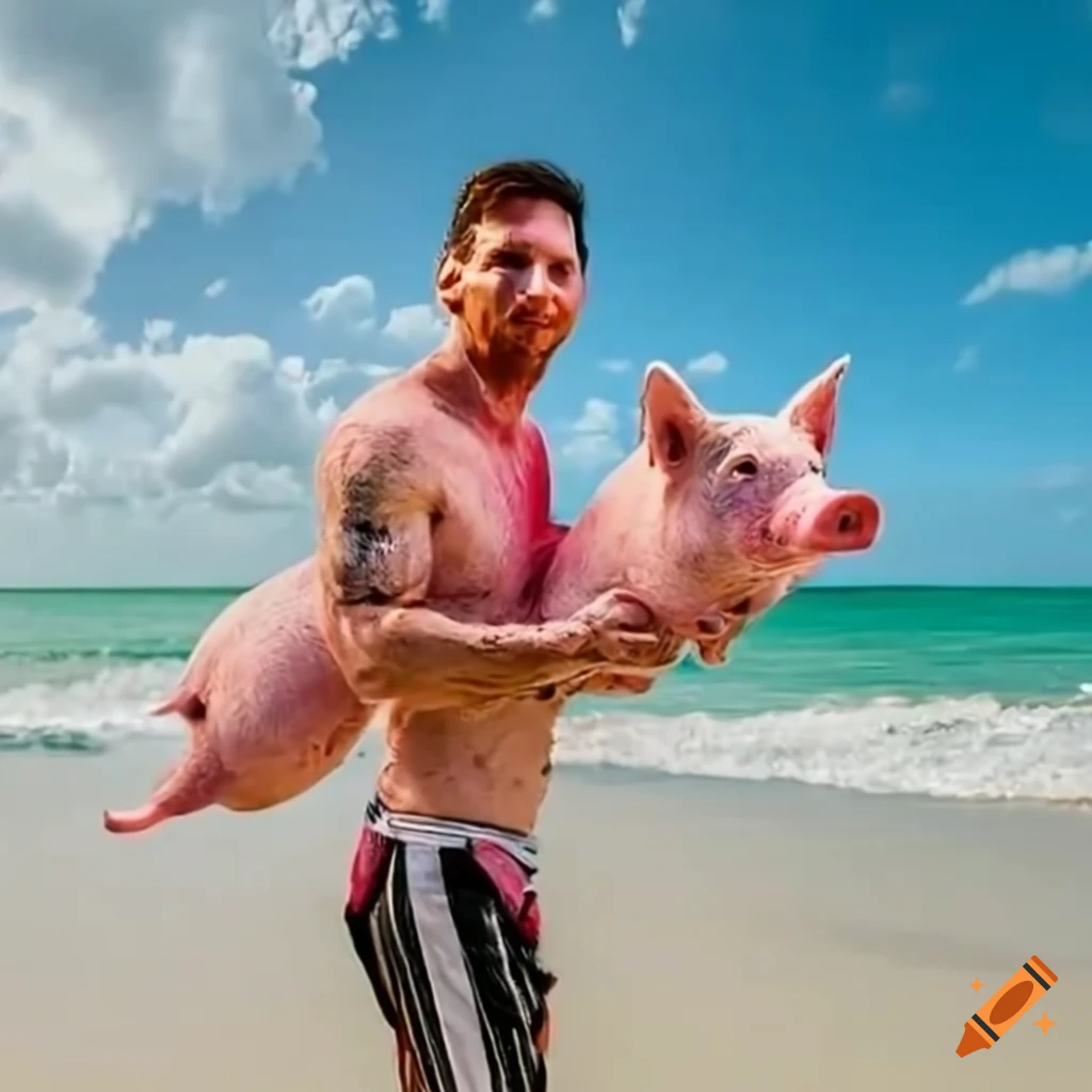 Lionel messi walking in the beaches of miami holding a pink pig on Craiyon