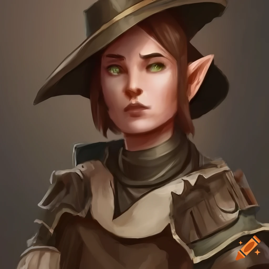 Dnd female ranger with a bob haircut, brown hair, wide brim hat, high ...