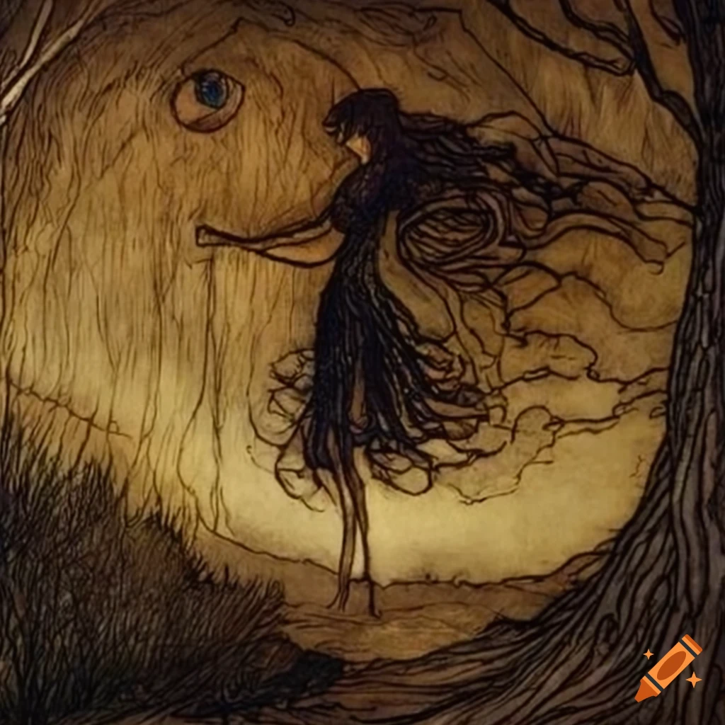 Combine an arthur rackham vibrant color painting of mysterious mystics ...