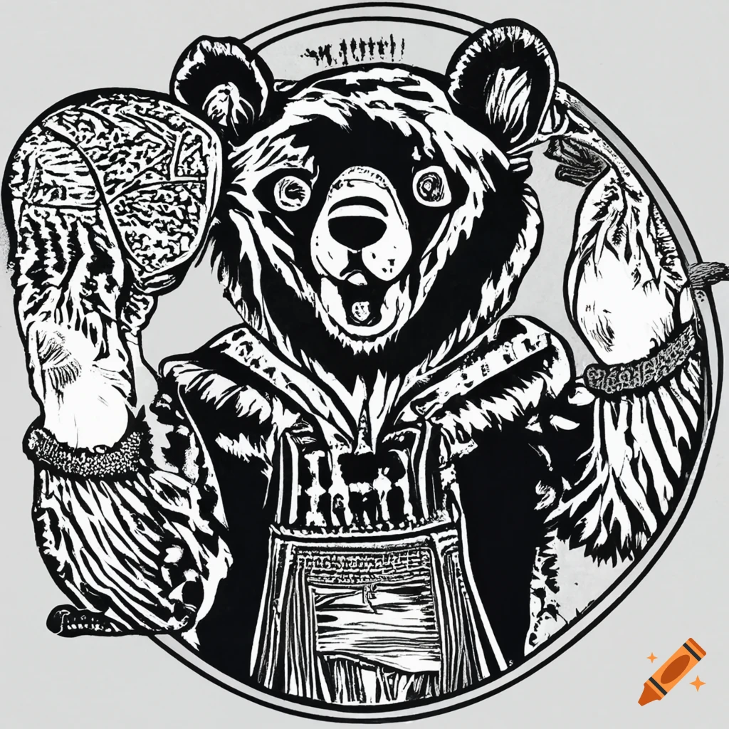 Bear wearing overalls woodcut art style
