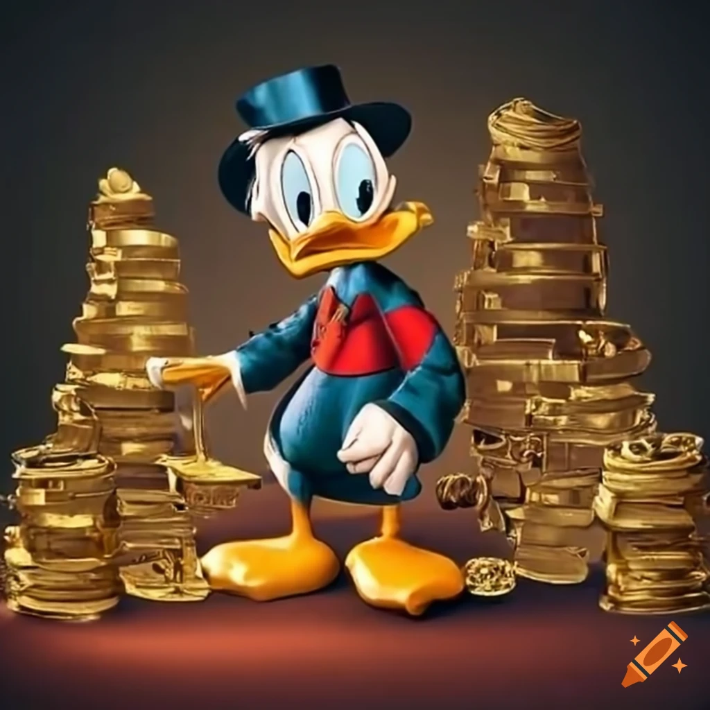 Scrooge McDuck surrounded by piles of gold in a luxurious setting on ...