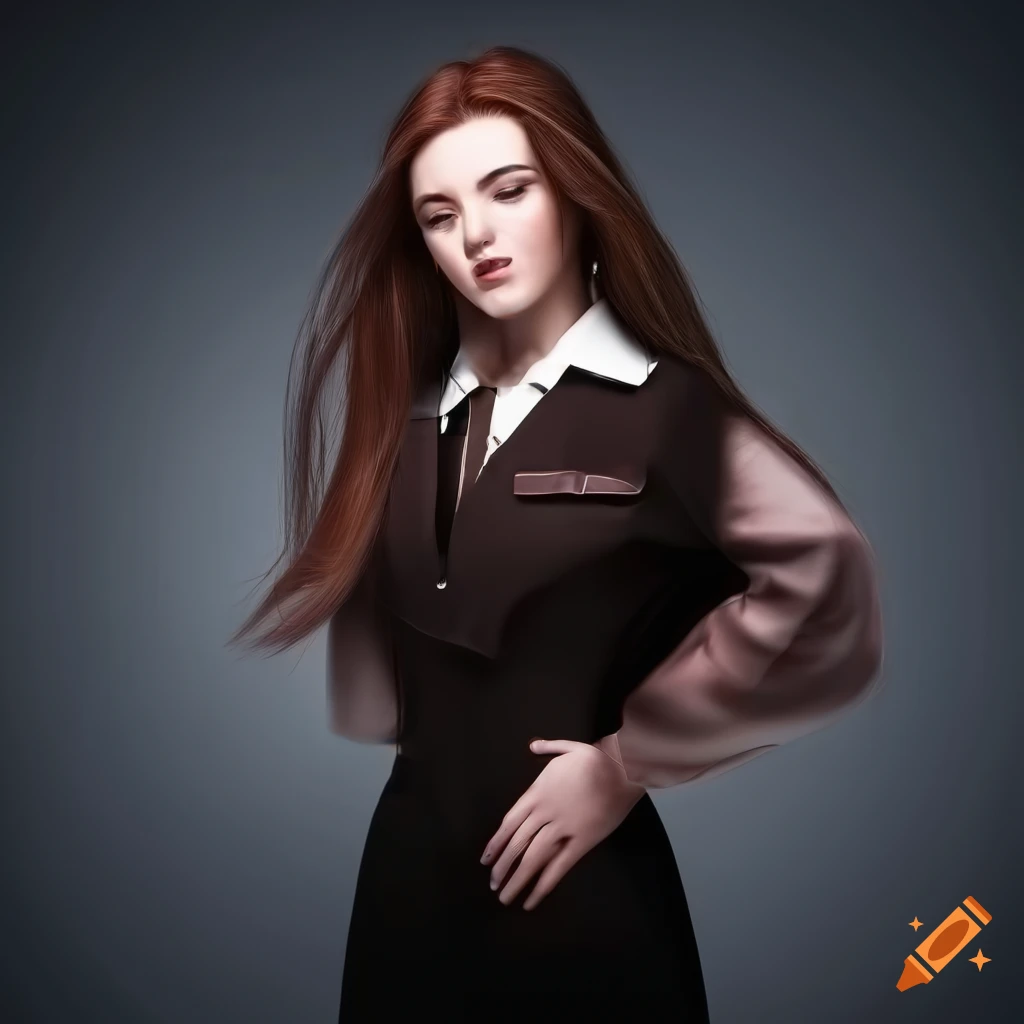 Elegant young woman with brown hair classy uniform dressed on a dark background on Craiyon