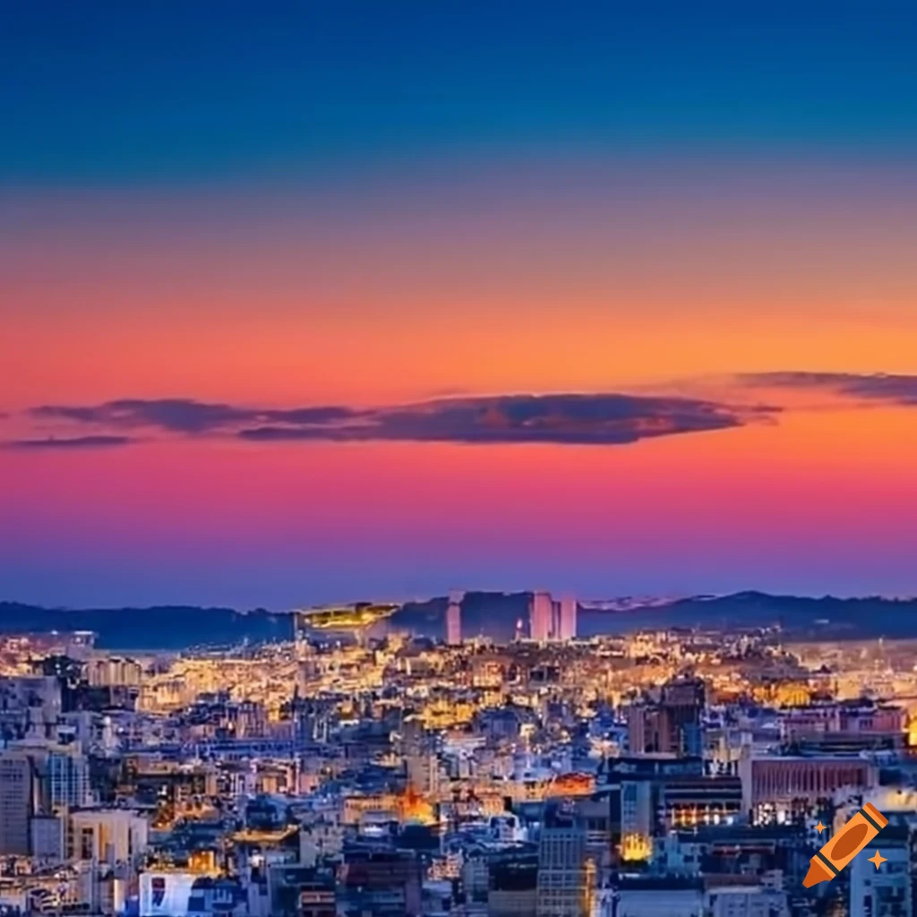 Athens skyline spectacular glowing sunset sky