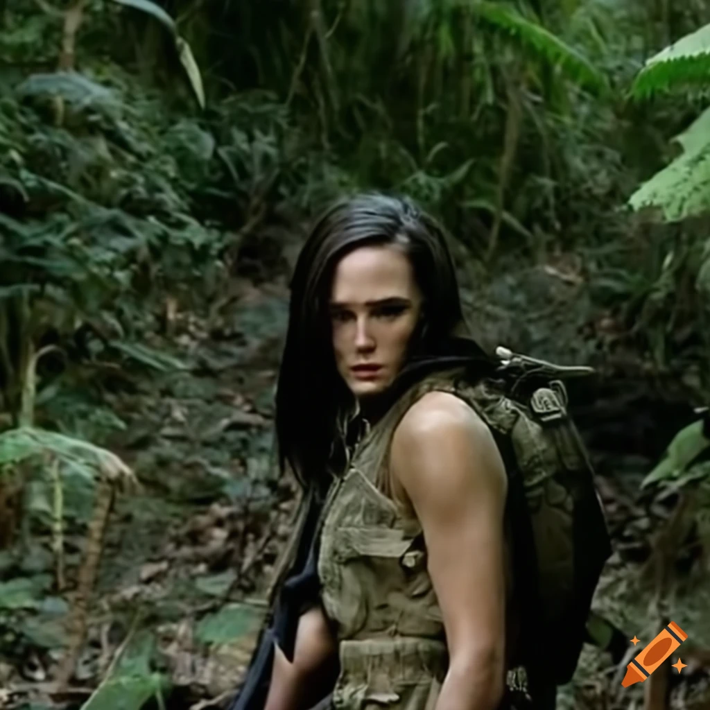 Jennifer Connelly leading a troop of rugged mercenaries through the Bolivian jungle on Craiyon