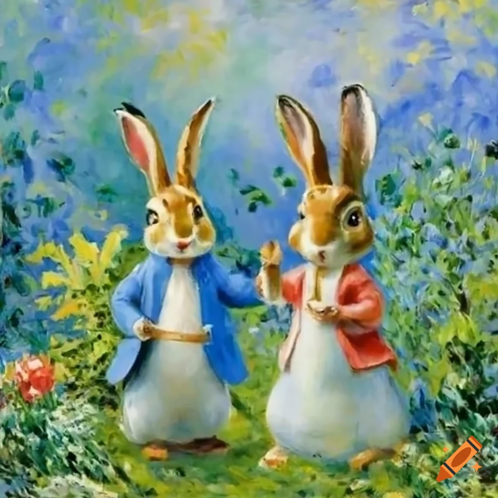 Peter rabbit family with mom and children, monet