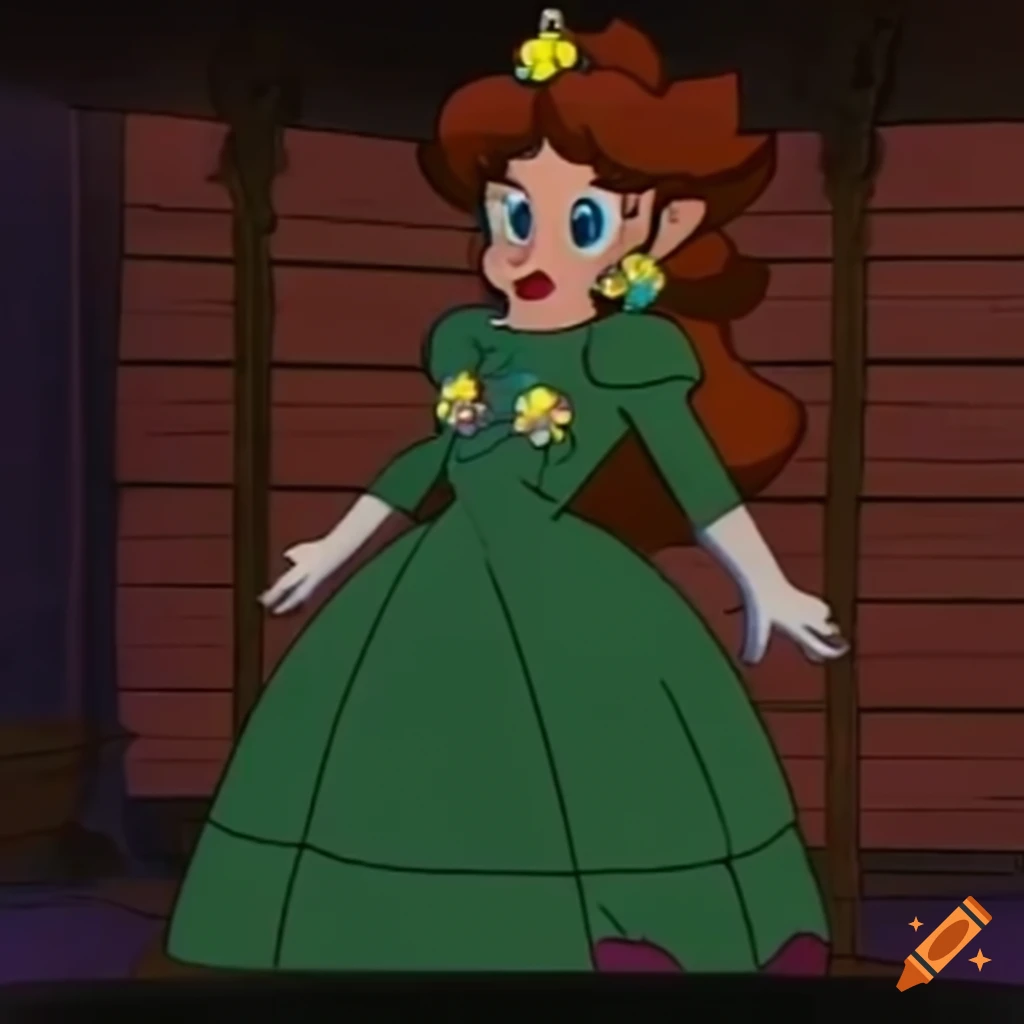 Princess Daisy frightened by a scary movie, skeleton hidden in shadows ...