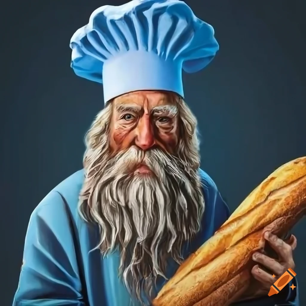 Portrait of a baker wizard wearing a chef wizard hat, middle aged man ...