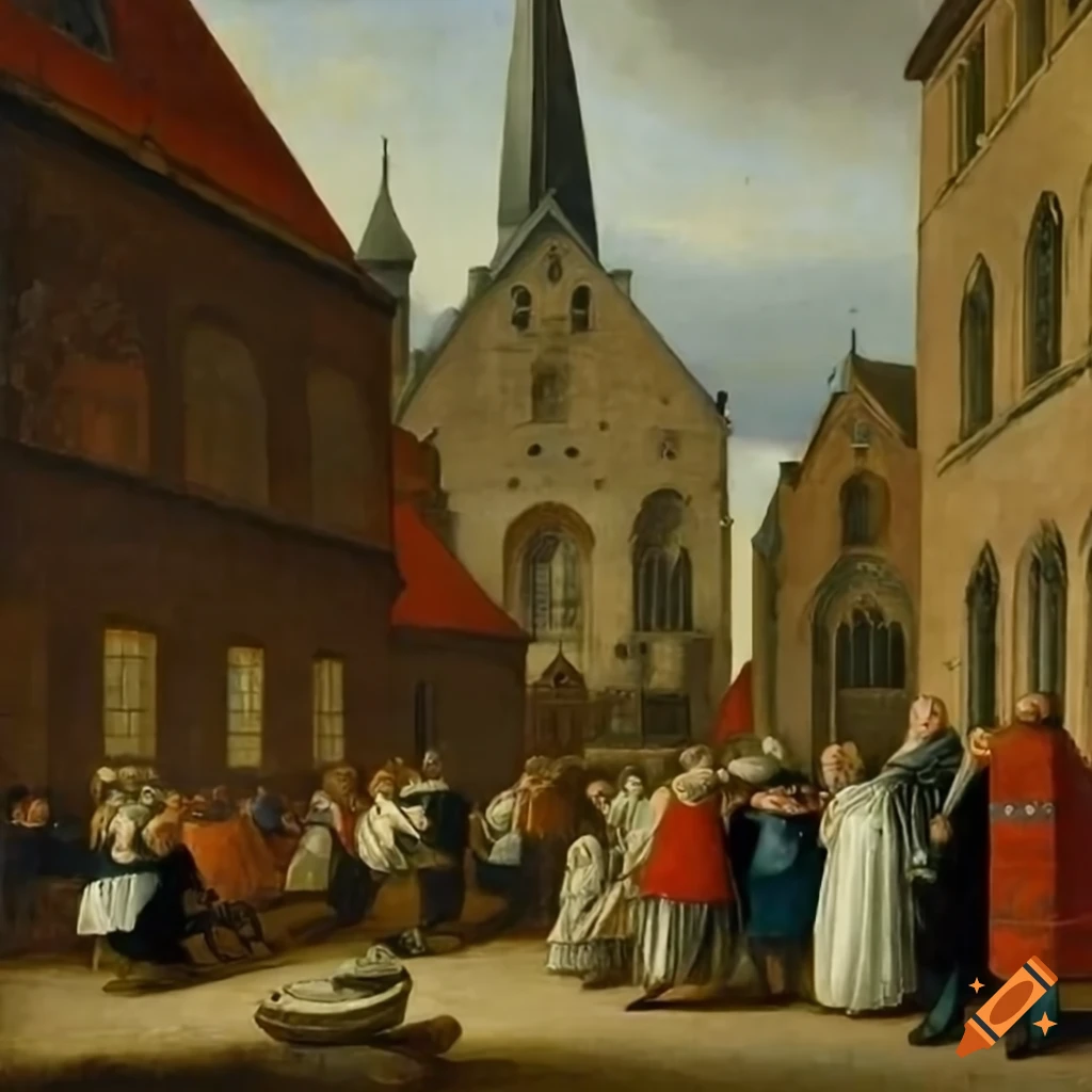 A painting of a group of people in front of a church, by Hans Bol, by ...