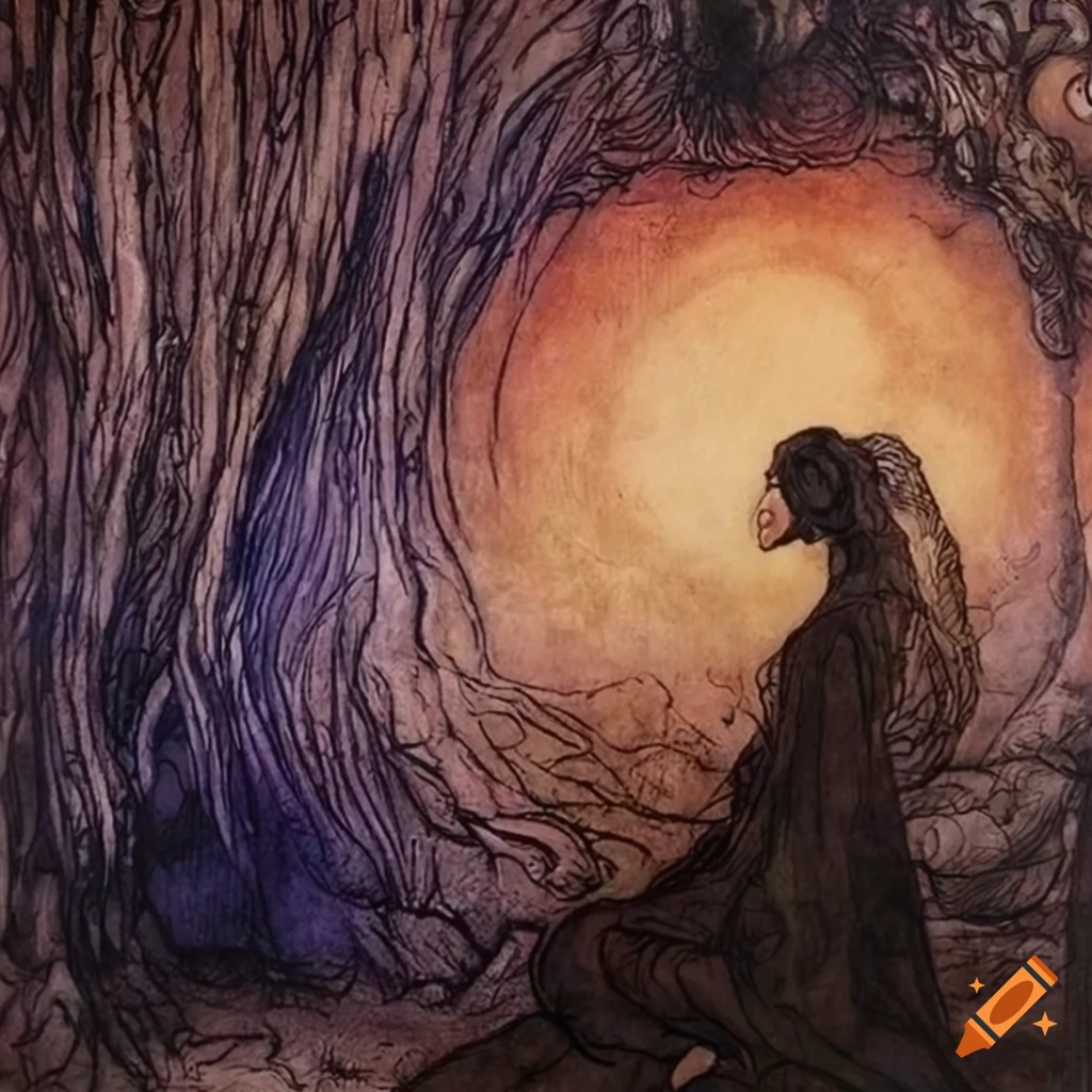 Combine an Arthur Rackham vibrant color painting of Mysterious mystics ...
