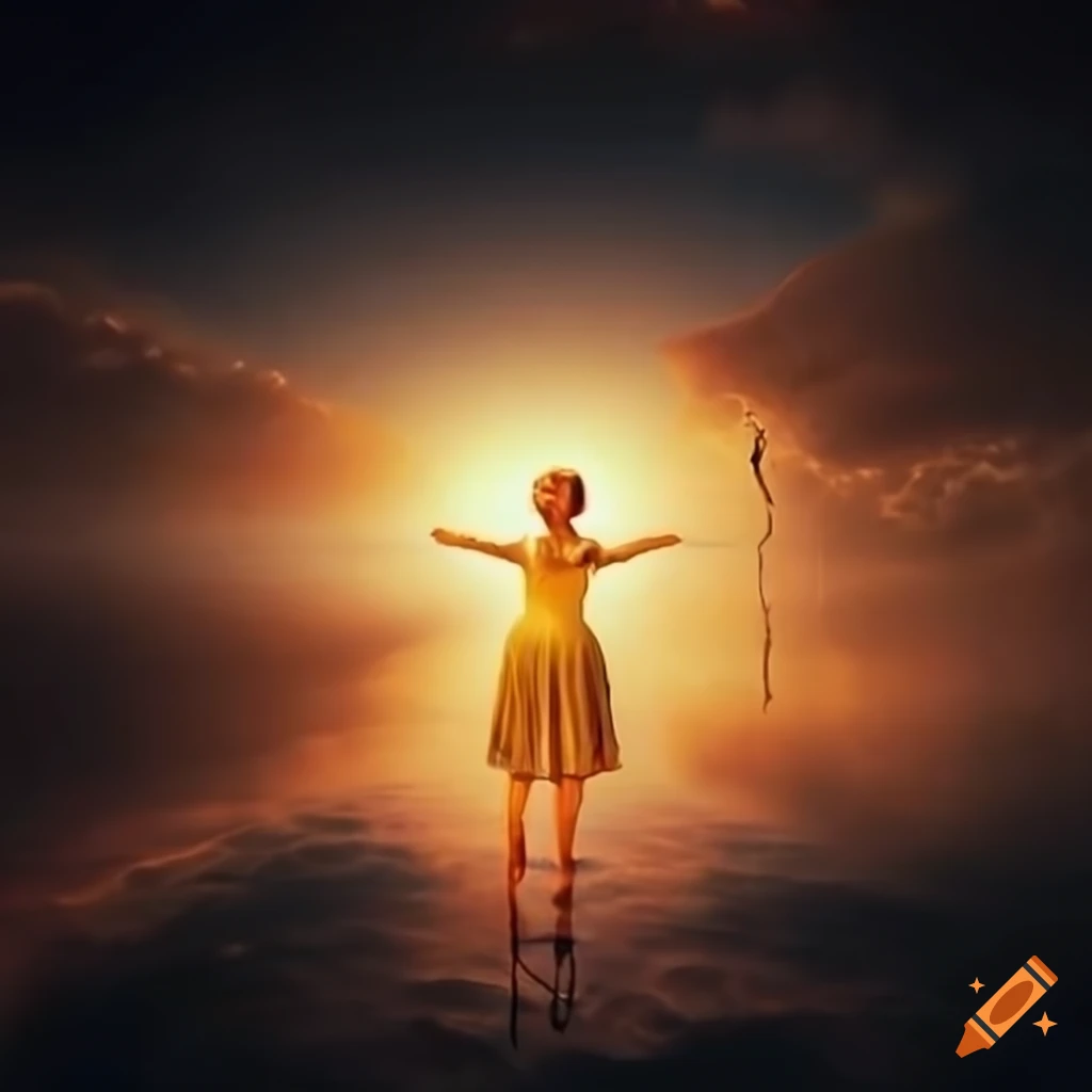 Person embracing the sun in a surrealistic artwork