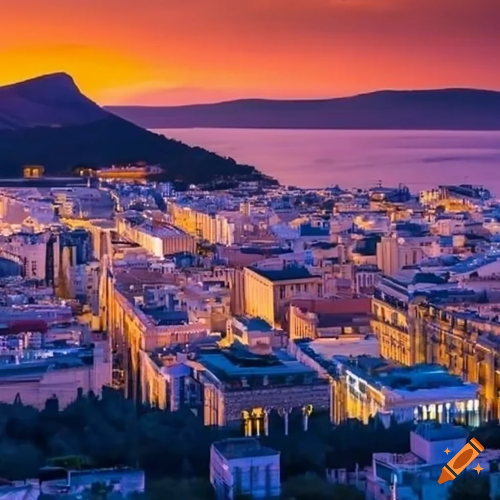 Athens skyline spectacular glowing sunset sky