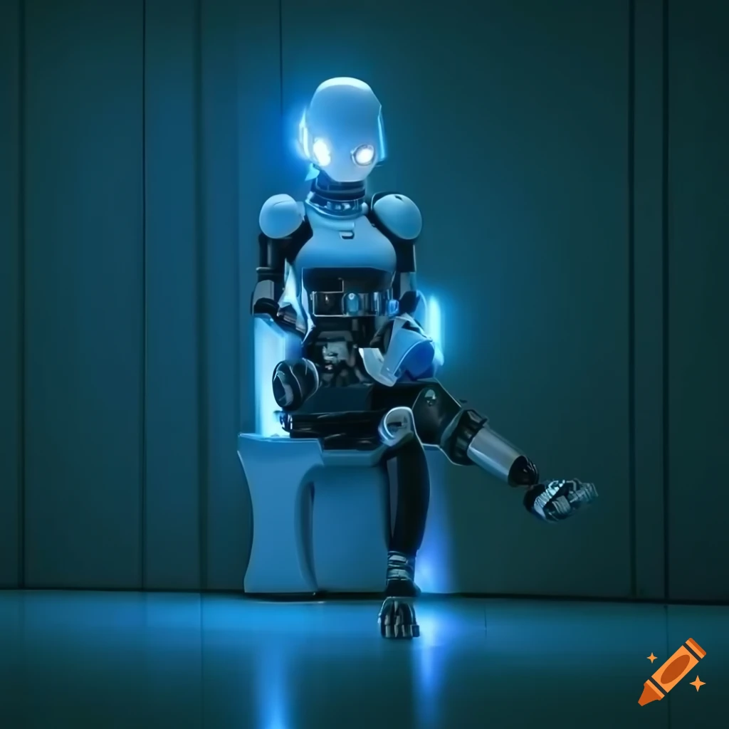 Female robot large eyes dark color scheme sitting down on a large ...