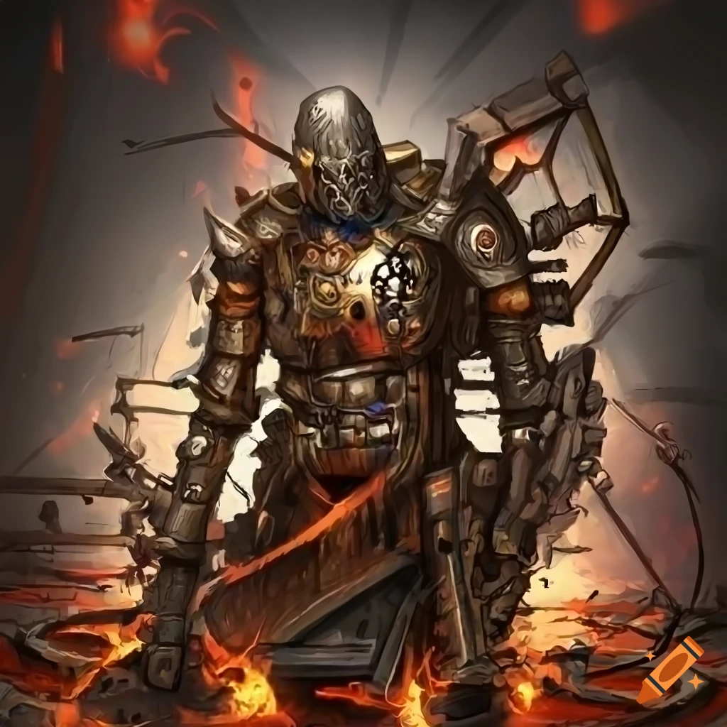 A mechanical warrior repairing a drone amidst war's chaos, high fantasy ...