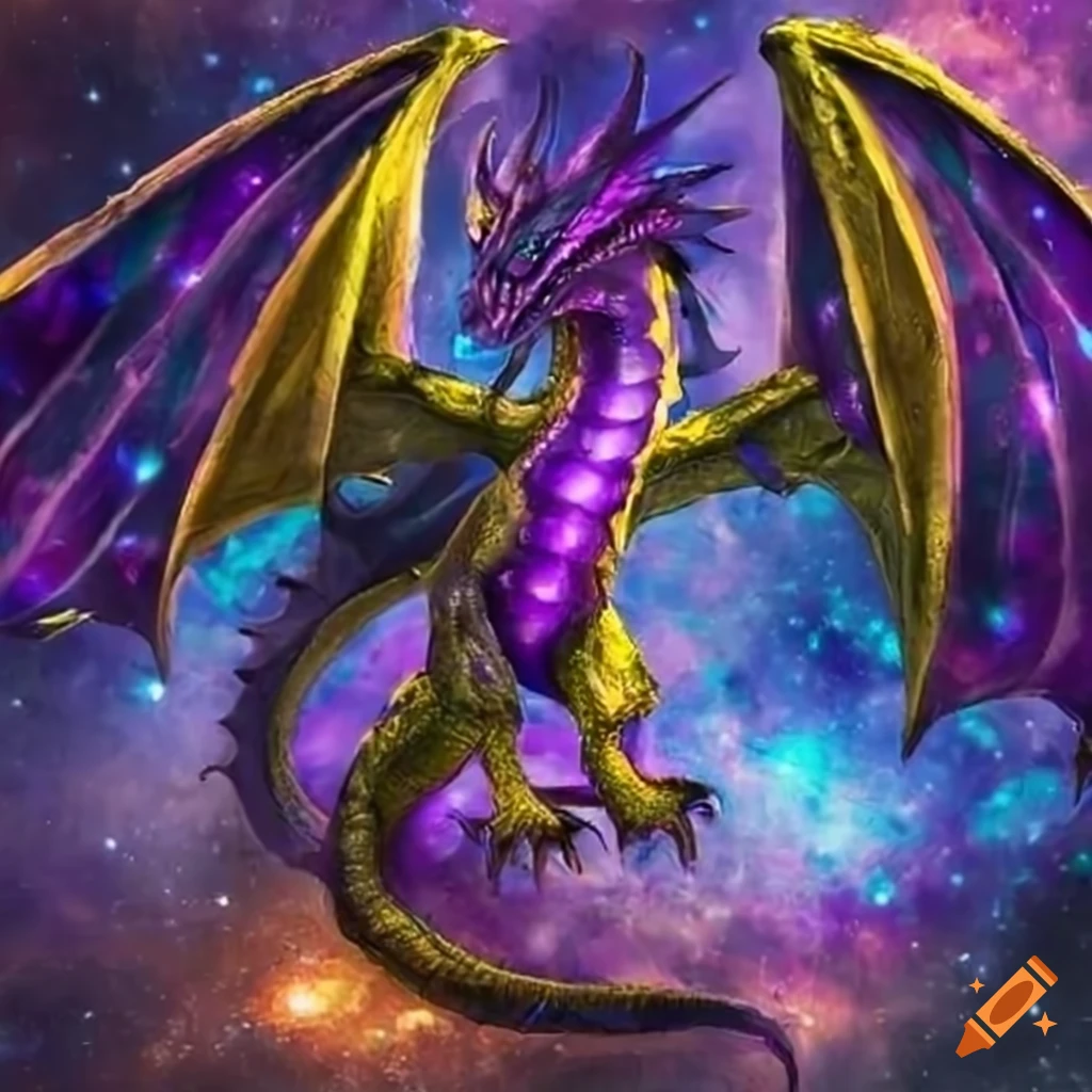 Yellow dragon with violet scales galaxy wings red eyes on Craiyon