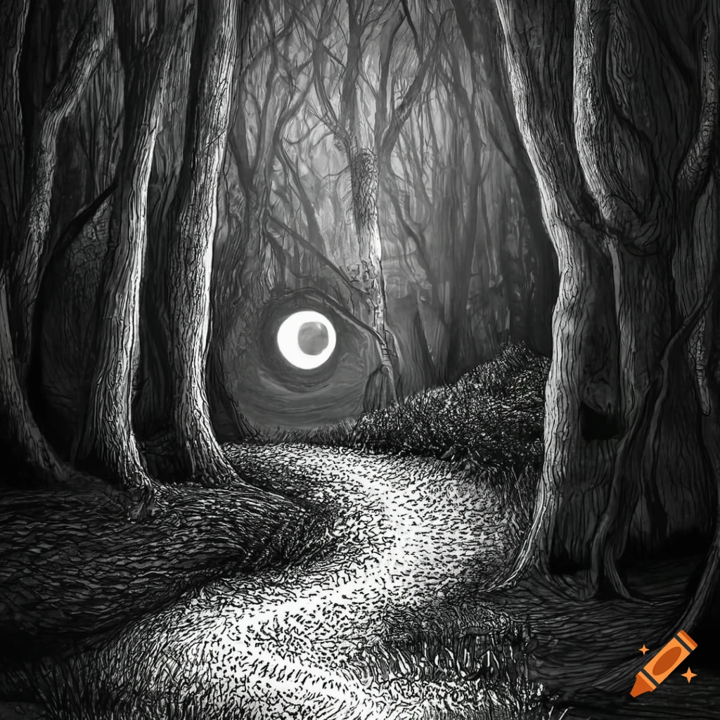 Detailed, realistic black and white image of a softly glowing path ...