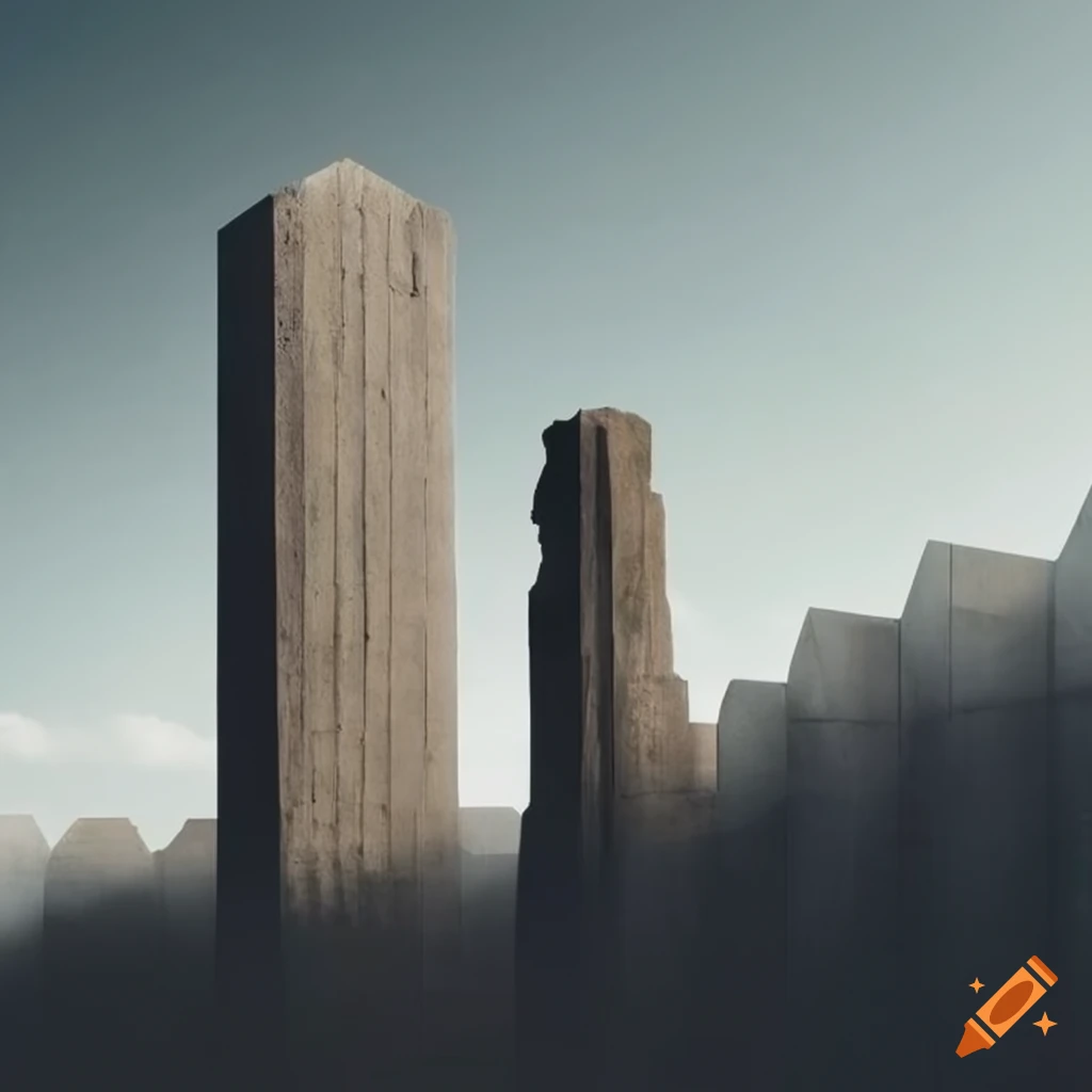 Nine various hexagonal beton brut towers of basalt