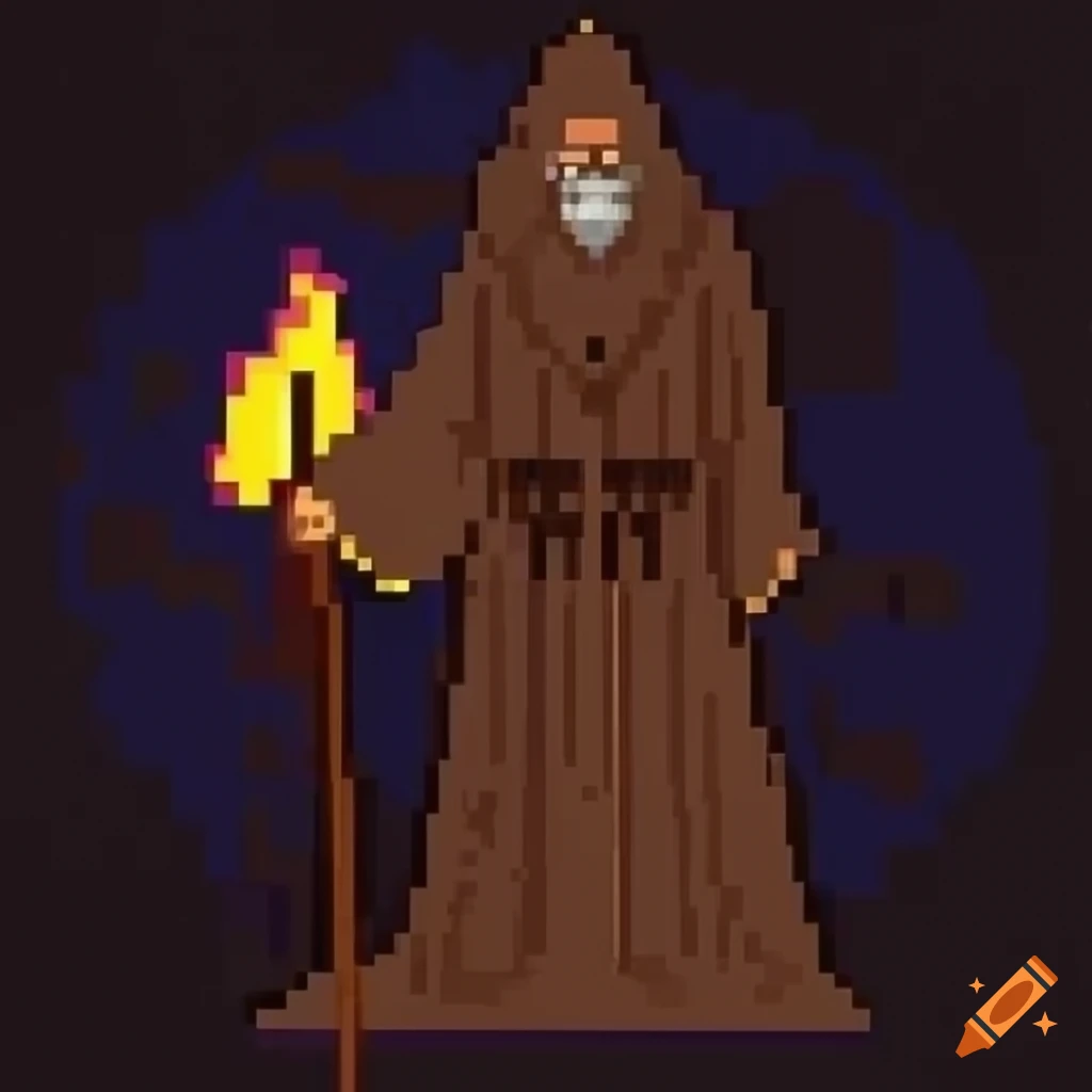 80s fantasy movie: medieval wizard, black background, pixel art on Craiyon