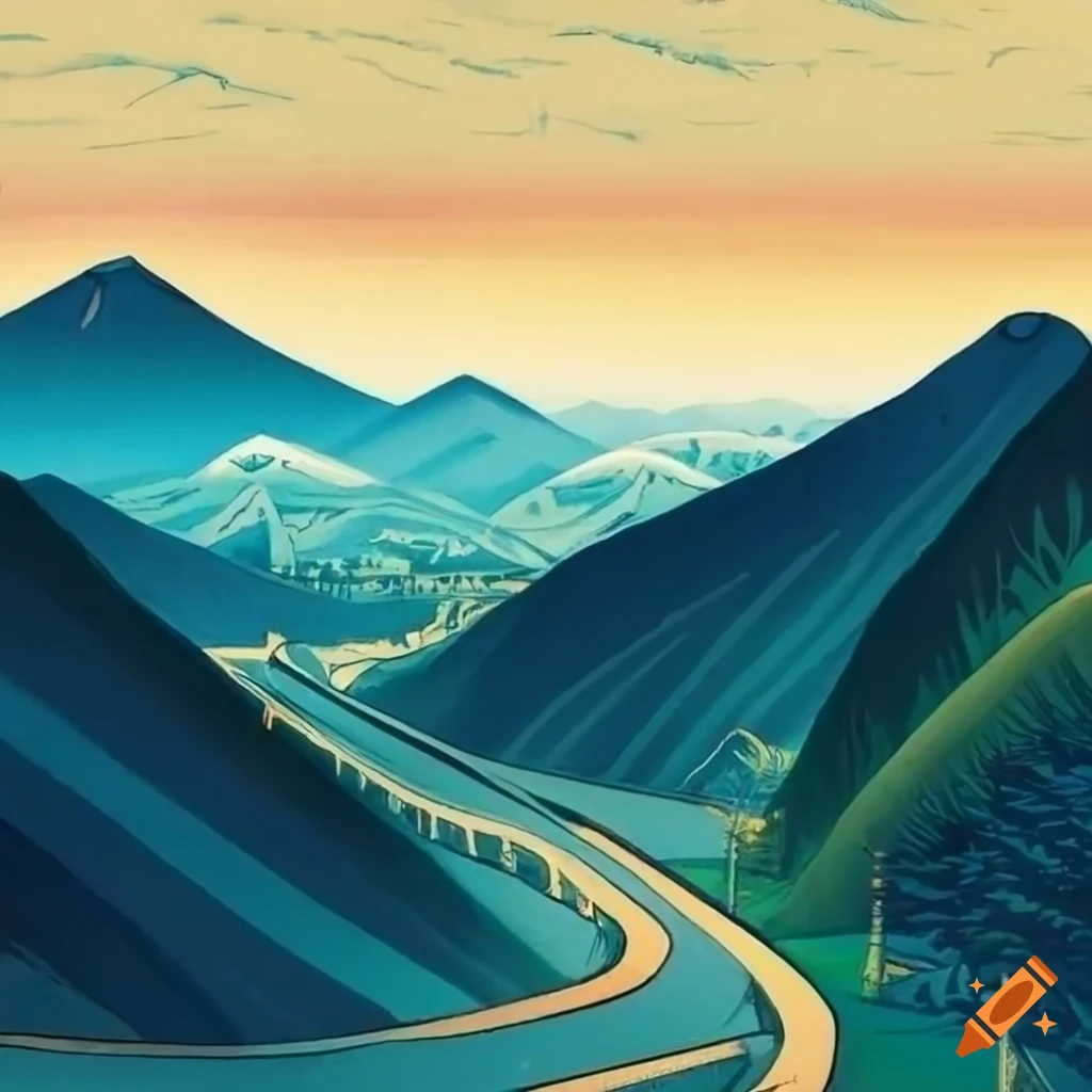 White tipped hills and pylons with road and cars in a traditional ...