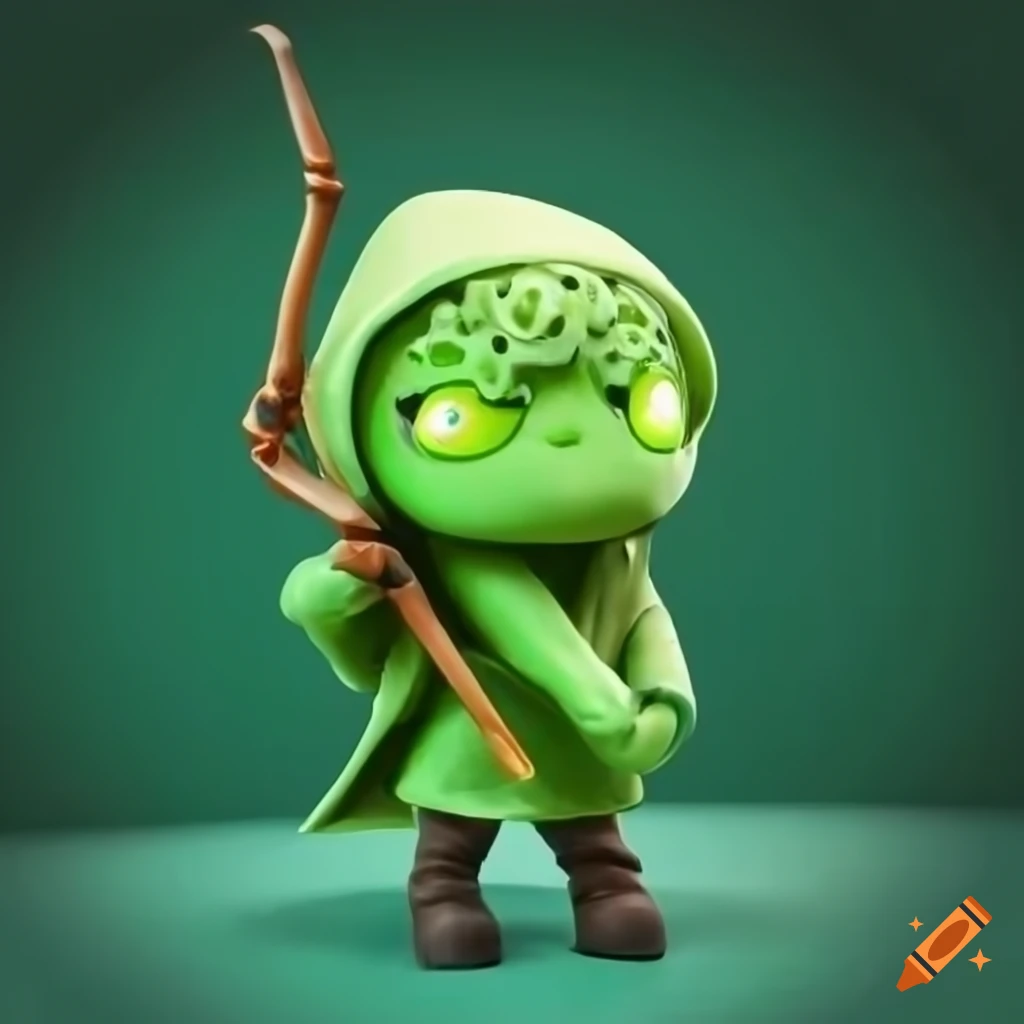 Cute green slime creature archer with hood