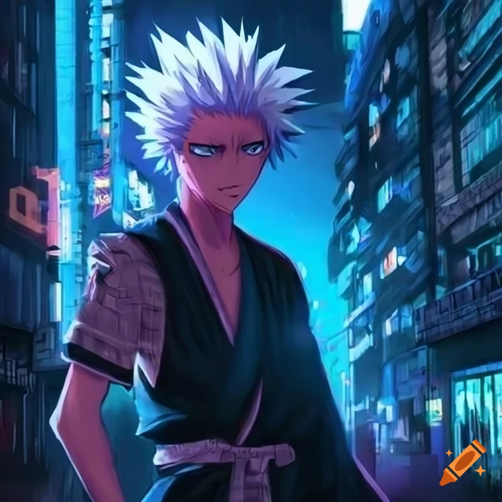 Realistic Tôshirô Hitsugaya in a futuristic setting with neon cityscape ...
