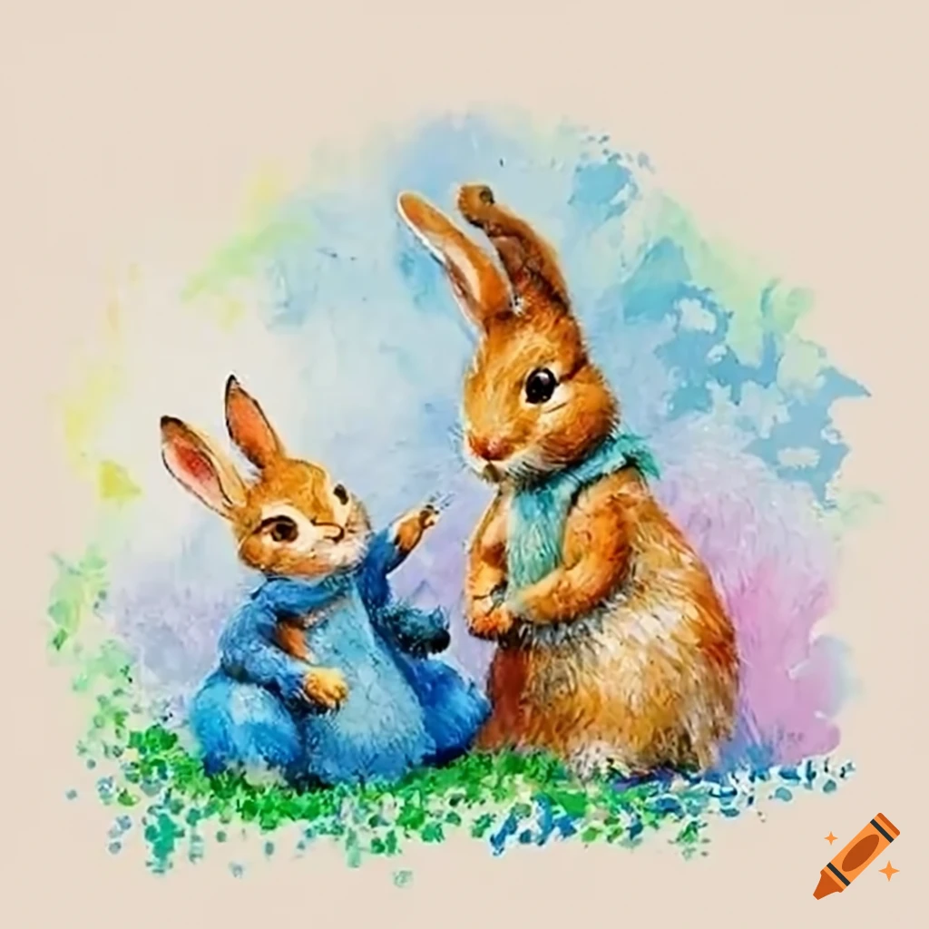 Peter rabbit family with mom and children,monet