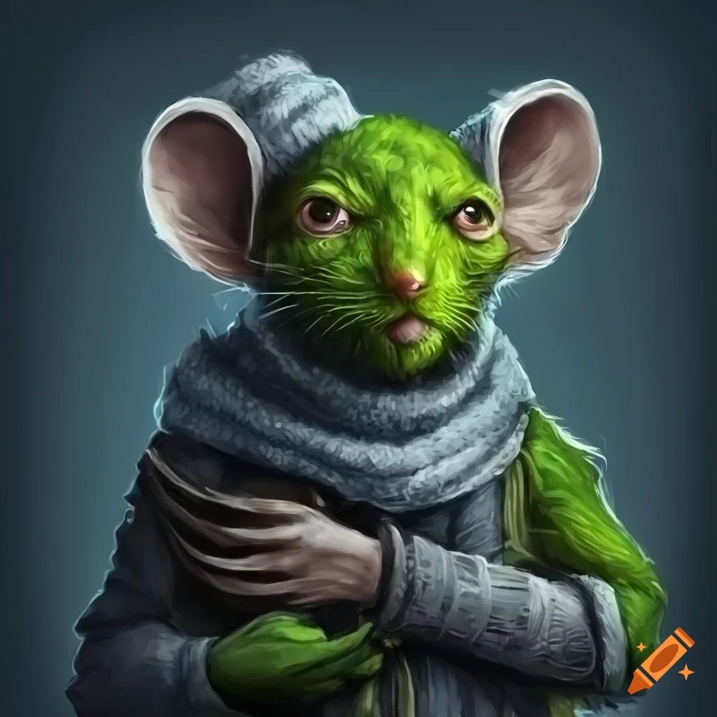 Photorealistic green mousefolk wearing grey winter clothes, dungeons ... Photorealistic green mousefolk wearing grey winter clothes, dungeons ...