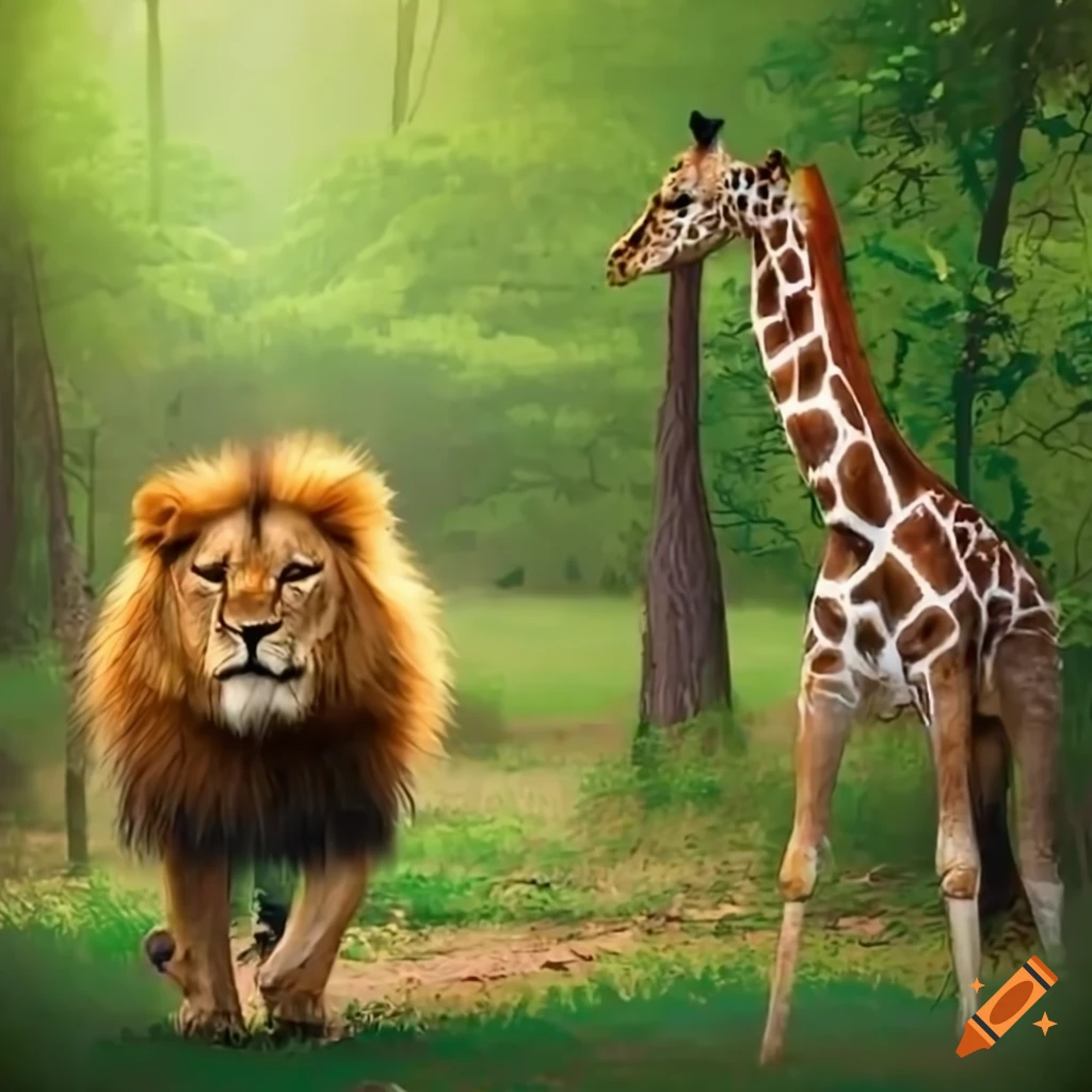 A Lion and a Giraffe in a forest with green trees on Craiyon