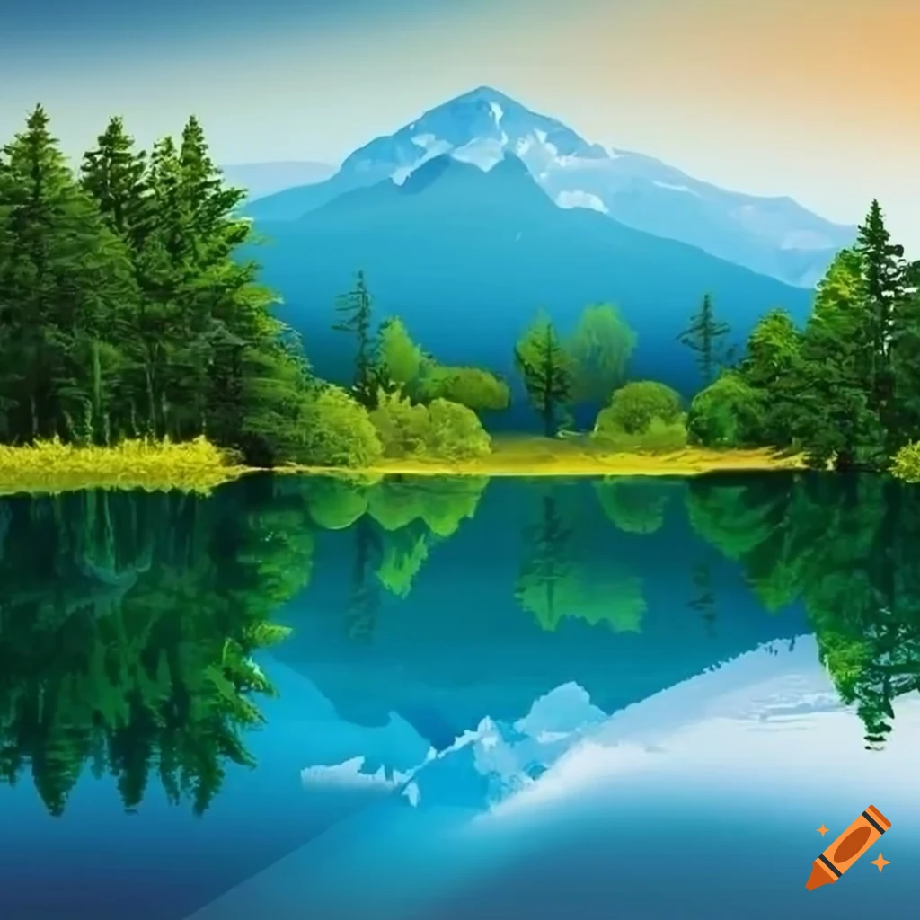 Serene landscape with majestic mountains, lush trees, and a tranquil ...