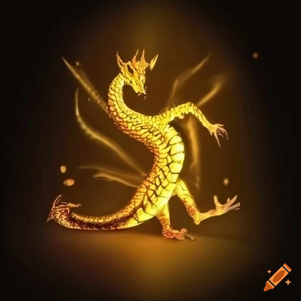 A golden glowing dragon on a solid black background on Craiyon