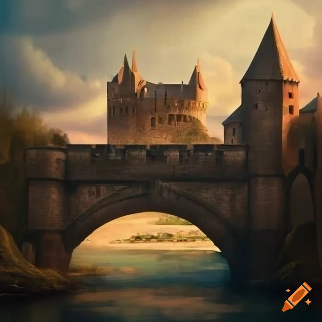 A medieval castle, with a bridge, surrounded by a river on Craiyon