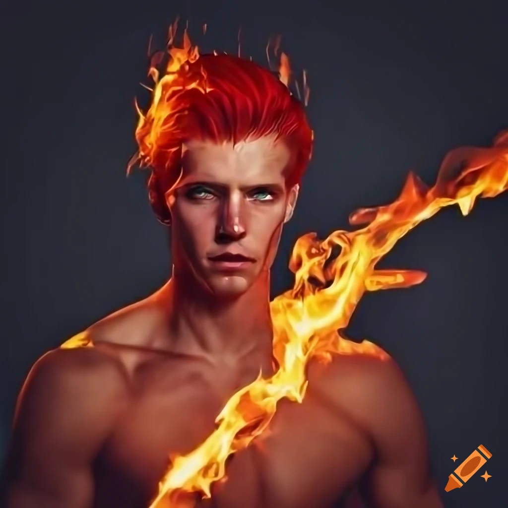 Portrait of a Fire Magician, Male, Red Short Hair Pulled Back, Flames ...