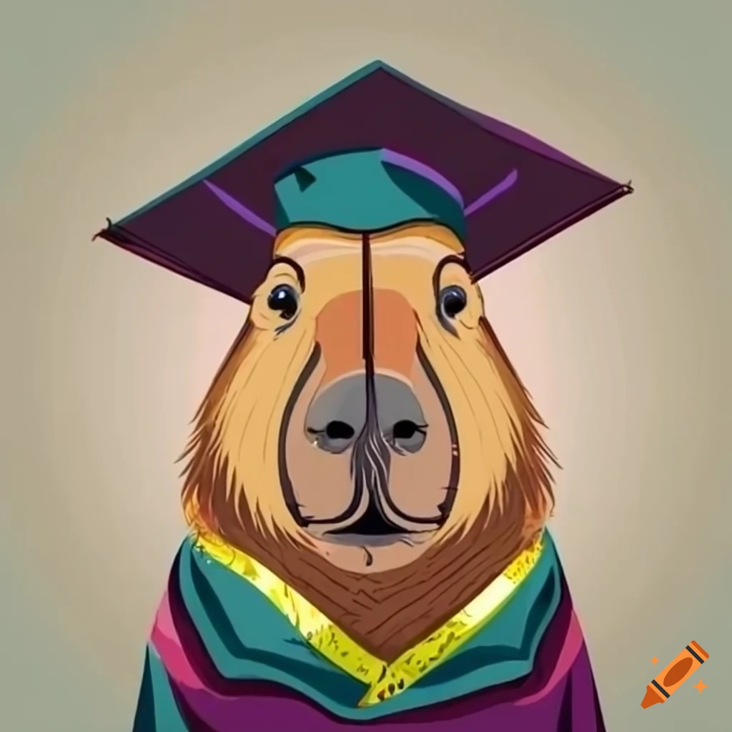 Capybara wearing graduation gown with a diploma in the capybaras mouth