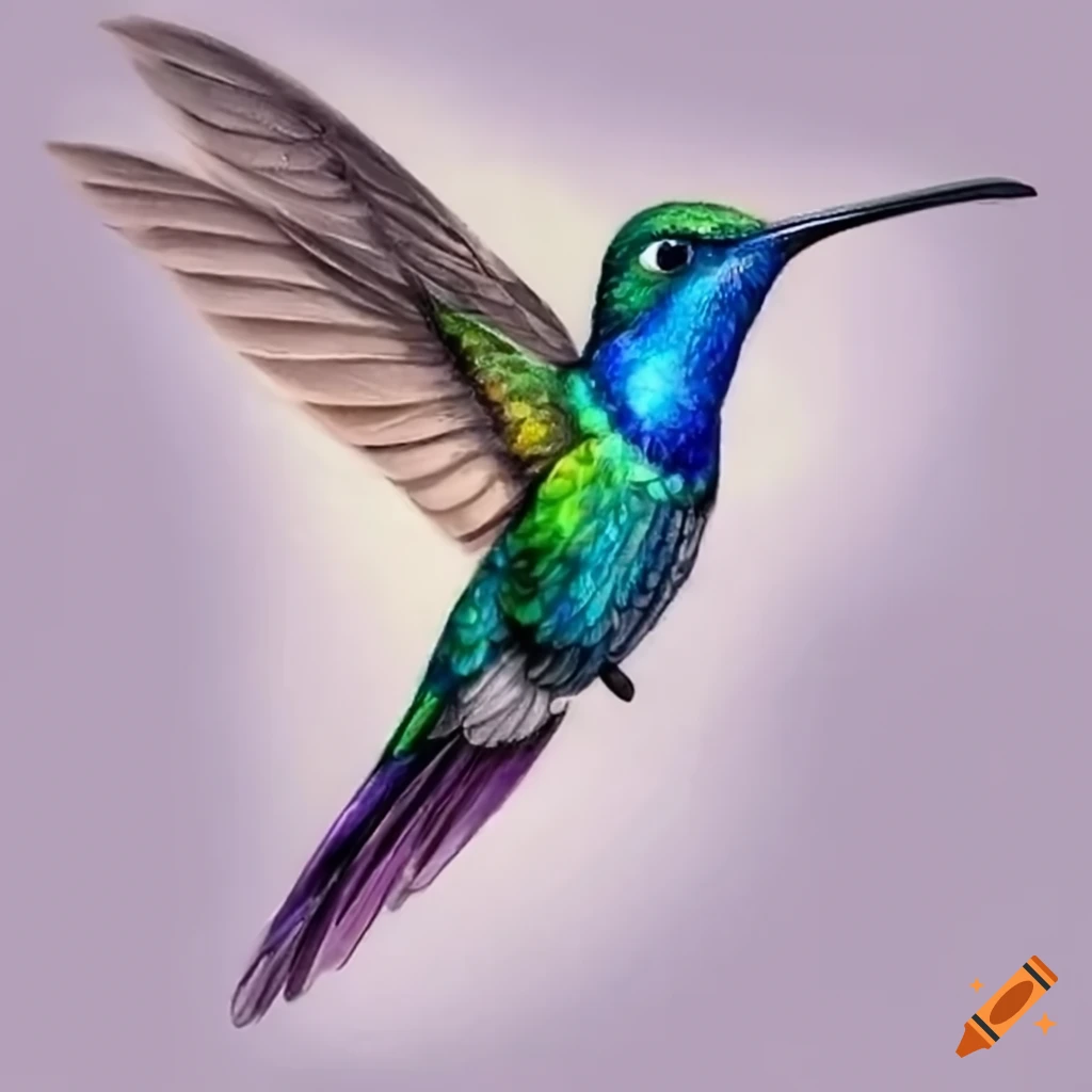 Colibrí con colores morado, azul y verde comiendo de unas flores de ...