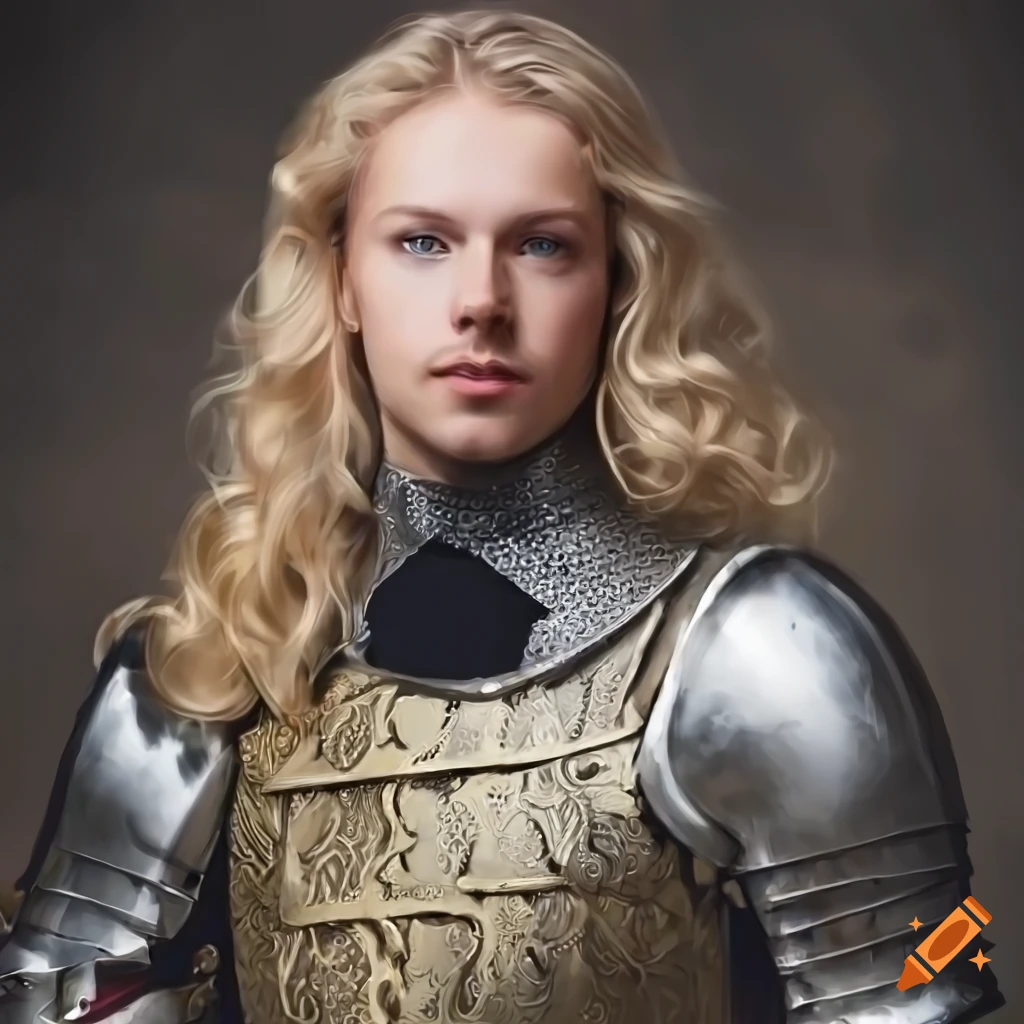 Portrait of lancelot, knight, long blonde wavy hair, sword, armor ...