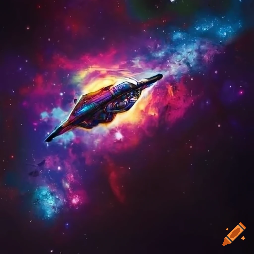 Spaceship flying past a vibrant galaxy with number 42 graffiti