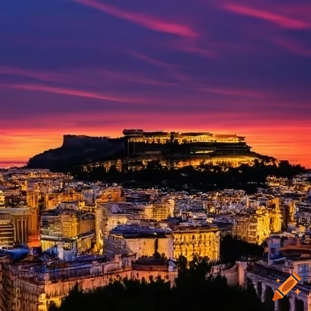 Athens skyline glowing sky sunset