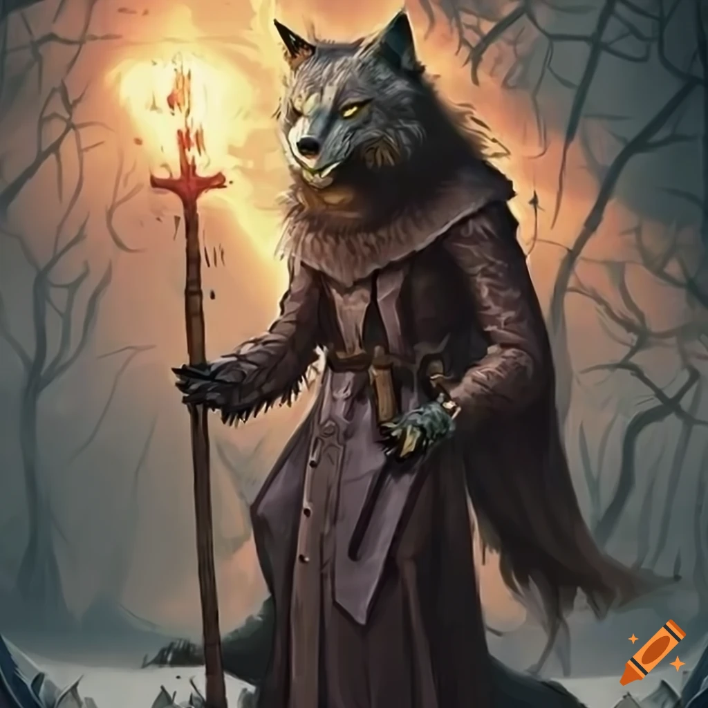 Medieval humanoid wolf mage on Craiyon