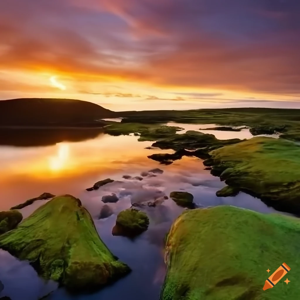 Green scottish landscape spectacular glowing sunset sky on Craiyon