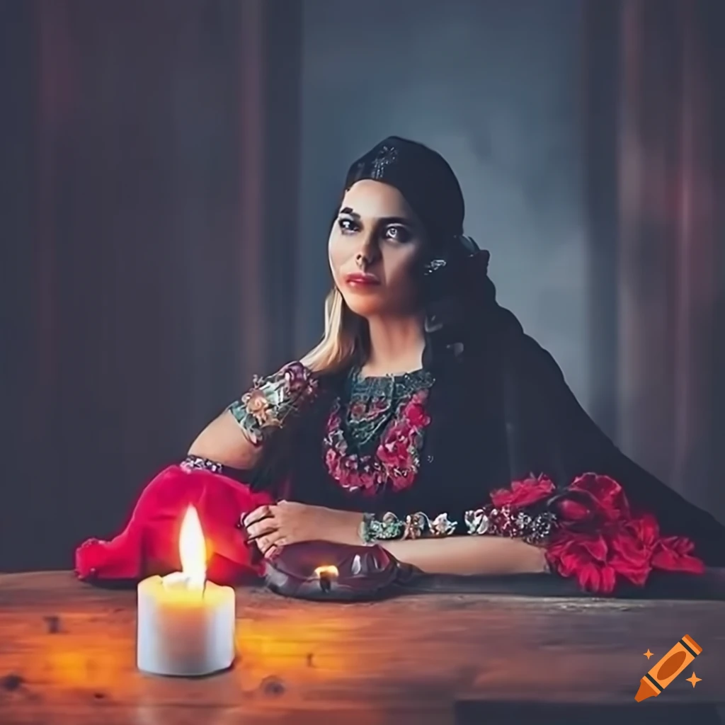A gypsy woman in a very dark room, sitting in front of a burning candle ...