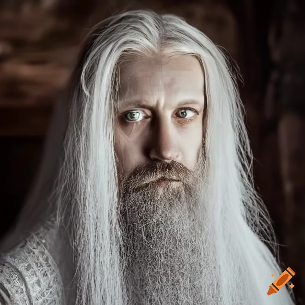 Medieval slavic pagan priest with long white hair on Craiyon