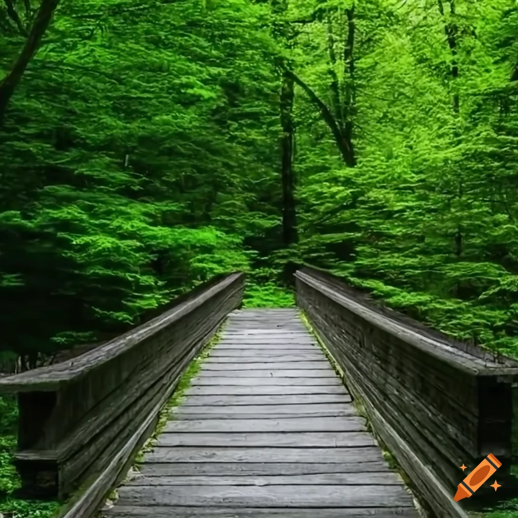 A forested open area with a stone pedestrian bridge that leads to a ...