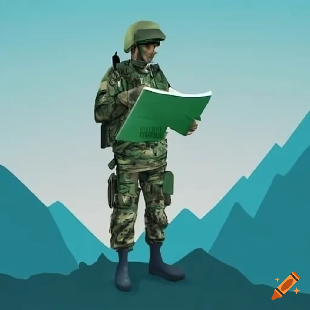 Army men reading map in mountains