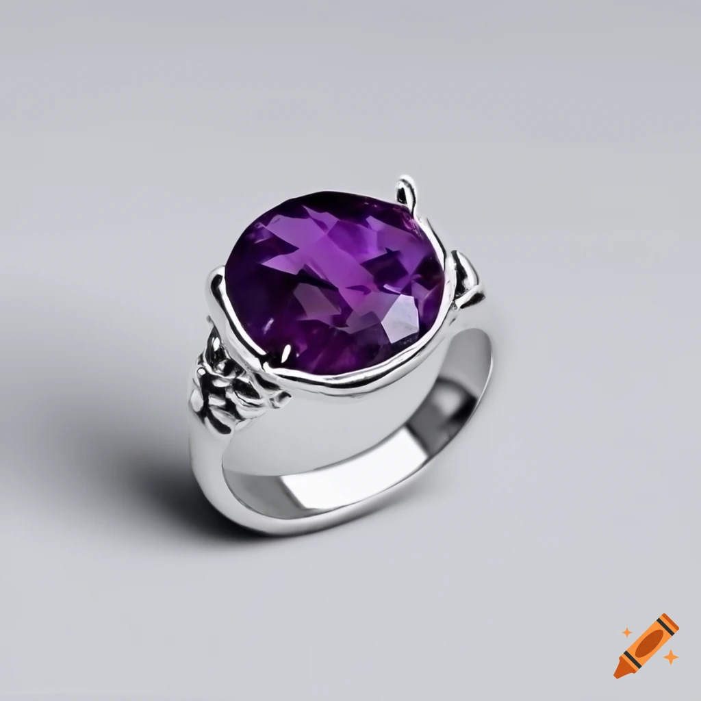 Graphic silver ring with an amethyst inside
