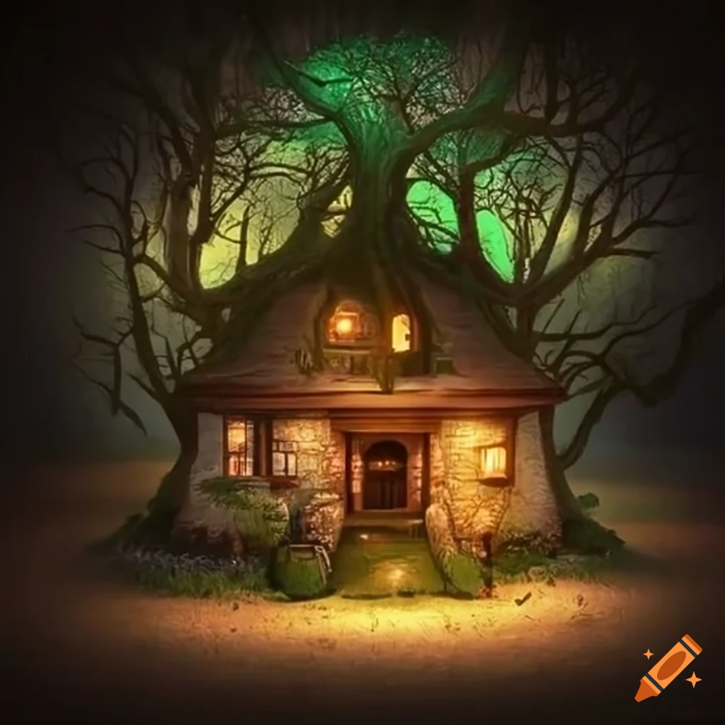 A fantasy inn with a big tree growing inside in the middle, lights hung ...